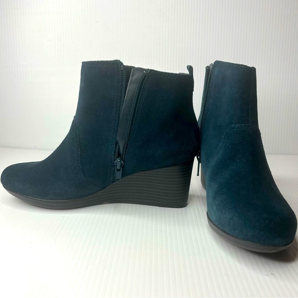 Clarks | Shoes | Clarks 65m Ankle Boot Bootie Blue Suede Leather Wedge ...